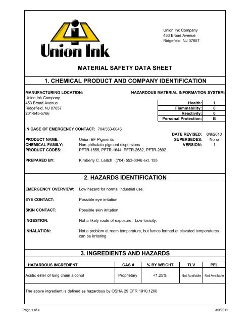 1. chemical product and company identification material safety data ...
