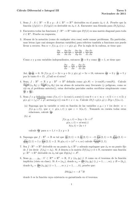 CÃ¡lculo Diferencial e Integral III Tarea 5 Noviembre de 2011 1. Sean ...