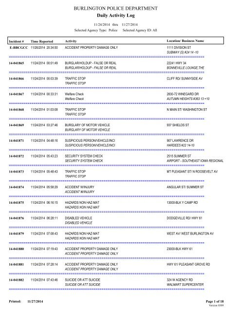 BURLINGTON POLICE DEPARTMENT Daily Activity Log - City of ...