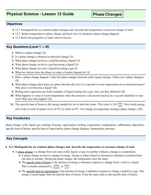 Physical Science - Lesson 12 Guide Phase Changes