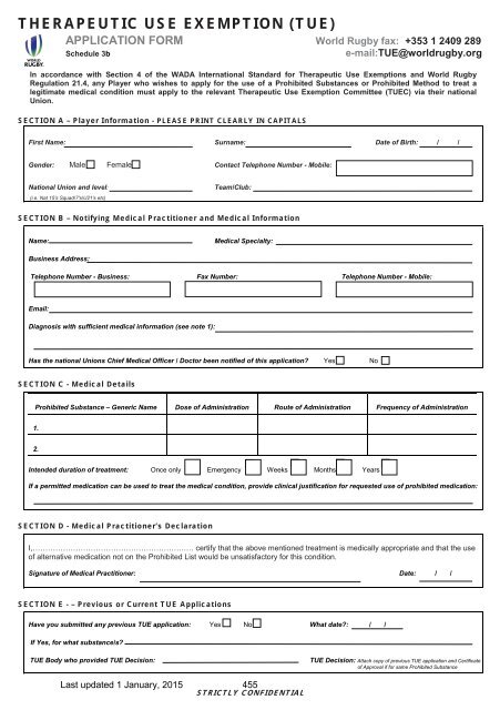 Standard TUE Application Form - Keep Rugby Clean
