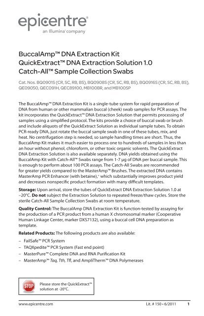 Protocol for BuccalAmpâ ¢ DNA Extraction Kit, QuickExtractâ ¢ DNA ...