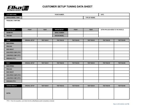 CUSTOMER SETUP TUNING DATA SHEET - Elka Suspension