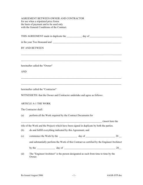 AGREEMENT BETWEEN OWNER AND CONTRACTOR for use ...