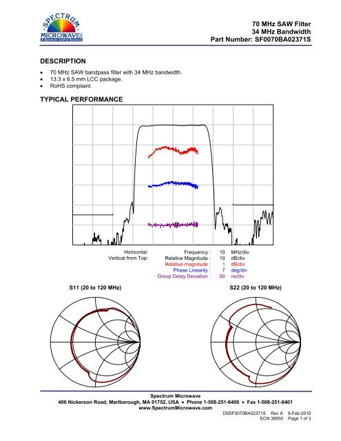 70 MHz SAW Filter 34 MHz Bandwidth Part Number - Spectrum ...