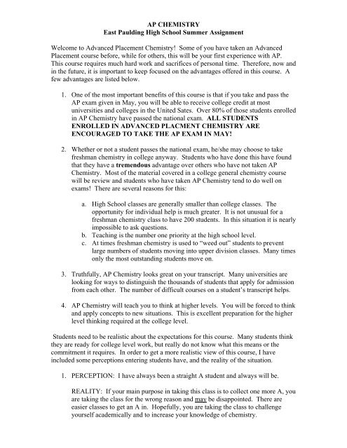 AP CHEMISTRY East Paulding High School Summer Assignment ...