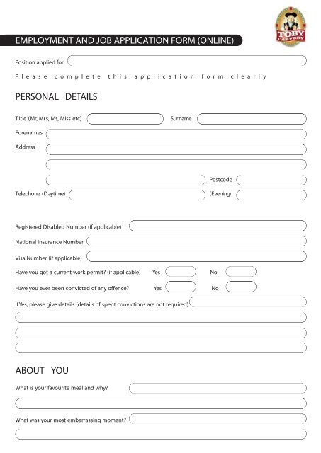 Team Member Application Form - Toby Carvery