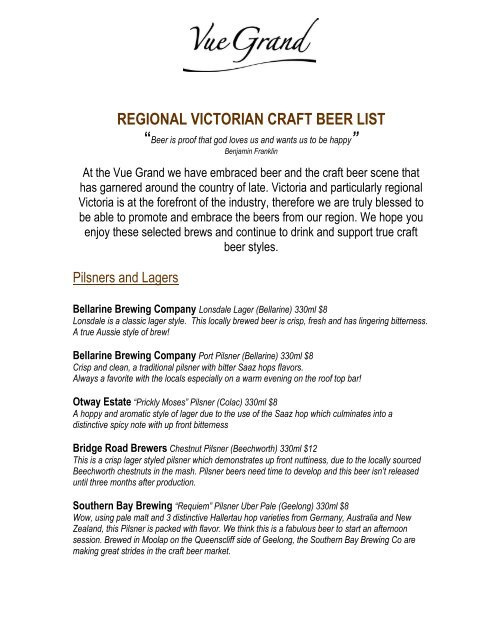 REGIONAL VICTORIAN CRAFT BEER LIST - Vue Grand Hotel
