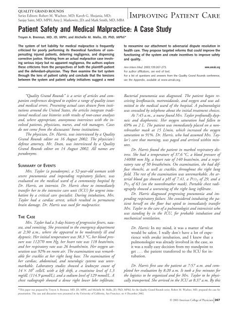 Patient Safety and Medical Malpractice: A Case Study