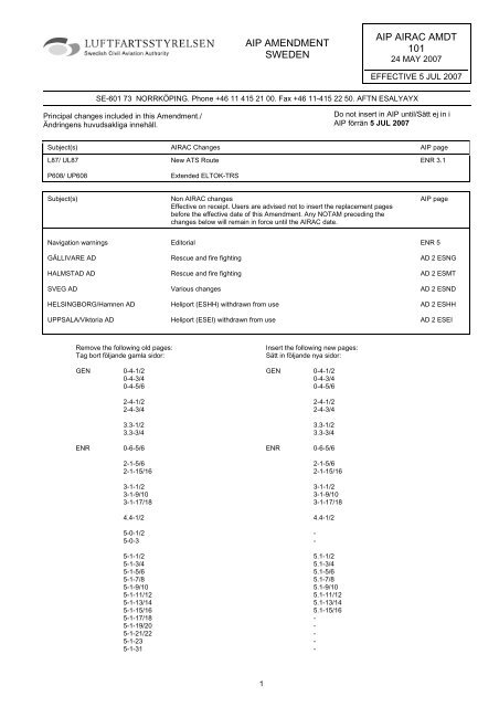 AIP AIRAC AMDT 101 AIP AMENDMENT SWEDEN
