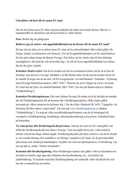 Checklista vid flytt till ett annat EU land NÃ¤r du ska flytta inom EU ...