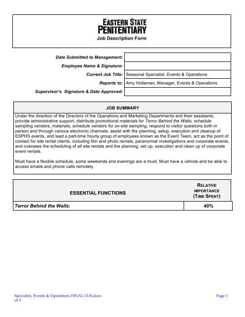 Job Description Form ESSENTIAL FUNCTIONS Terror Behind The 