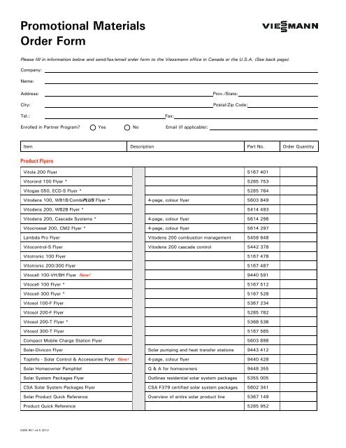 Promotional Materials Order Form - Viessmann