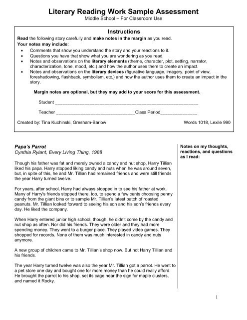 Literary Reading Work Sample Assessment