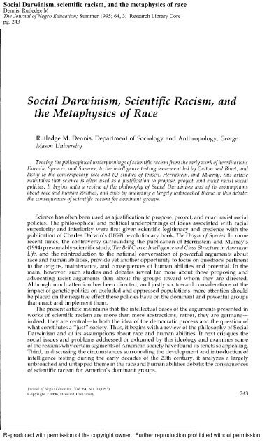 Social Darwinism, scientific racism, and the metaphysics of race