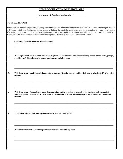 HOME OCCUPATION QUESTIONNAIRE Development Application ...