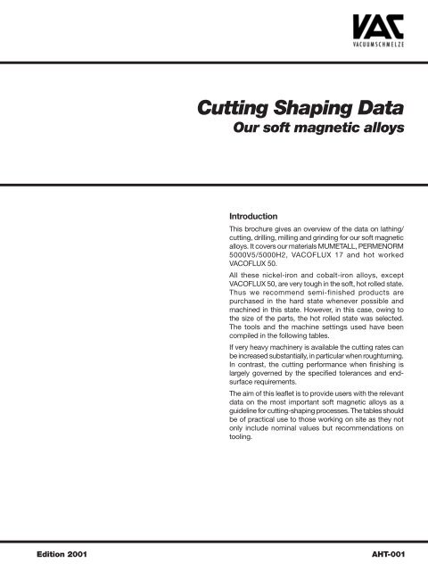 Cutting Shaping Data - Vacuumschmelze