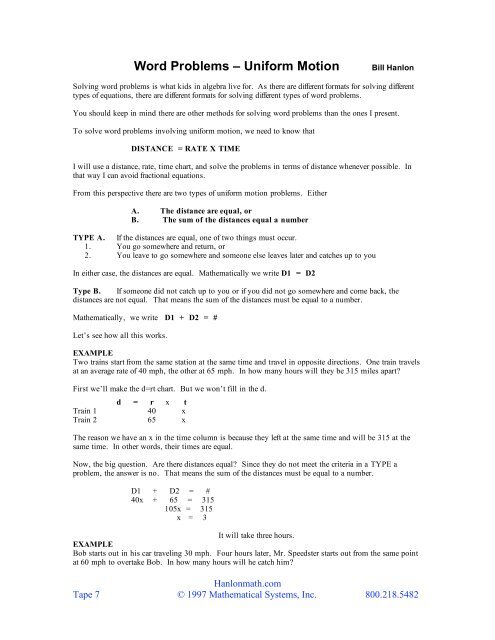 Word Problems â Uniform Motion Bill Hanlon - Hanlon Math