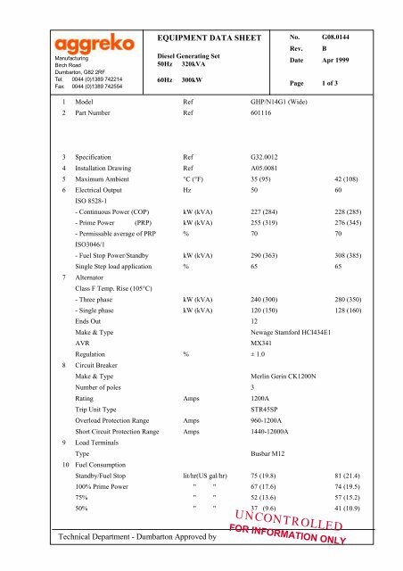Equipment Data Sheet - Used Generator Power
