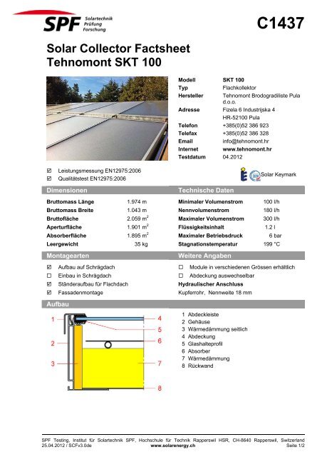 C1437 Solar Collector Factsheet Tehnomont SKT 100 - Institut fÃƒÂ¼r ...