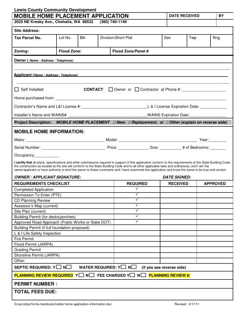 MOBILE HOME PLACEMENT APPLICATION - Lewis County