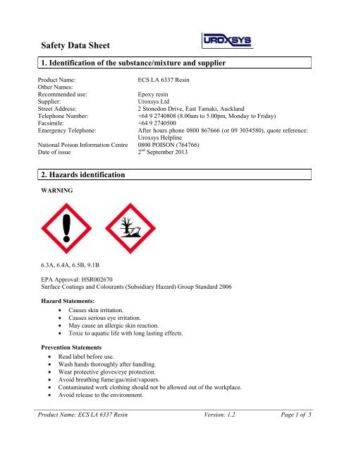 MSDS Resin - Uroxsys Ltd
