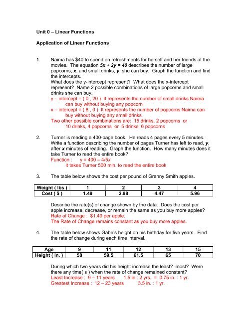 Application Of Linear Functions Answer Key
