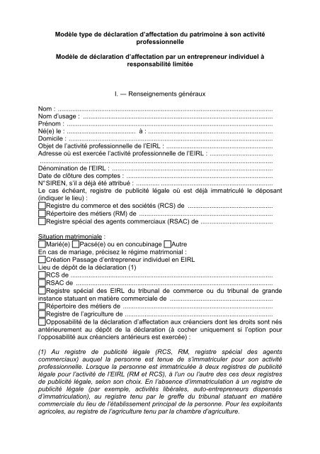 Modèle Type De Déclaration Daffectation Du Patrimoine à Son Activité