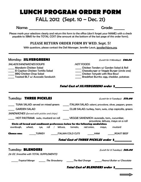 LUNCH PROGRAM ORDER FORM