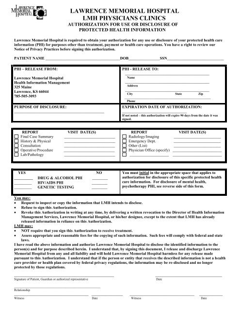 authorization for use or disclosure of - Lawrence Memorial Hospital