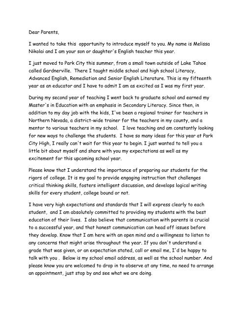 Dear Parents, I wanted to take this opportunity to introduce myself to ...