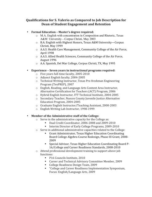 Comparison of Qualifications to Job Description for Dean of Student ...