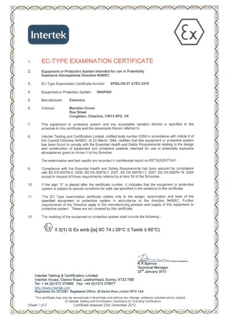iWAP400 ATEX Certificate - Extronics