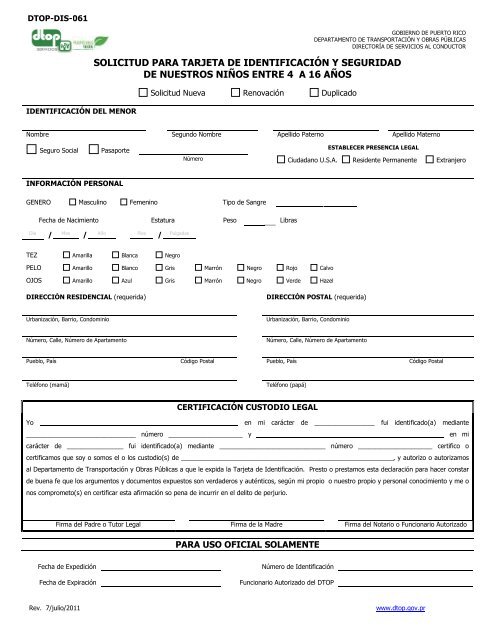 SOLICITUD PARA TARJETA DE IDENTIFICACIÃ N Y ... - DTOP