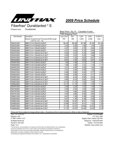 2009 Price Schedule Fiberfrax® Durablanket ® S - Unifrax