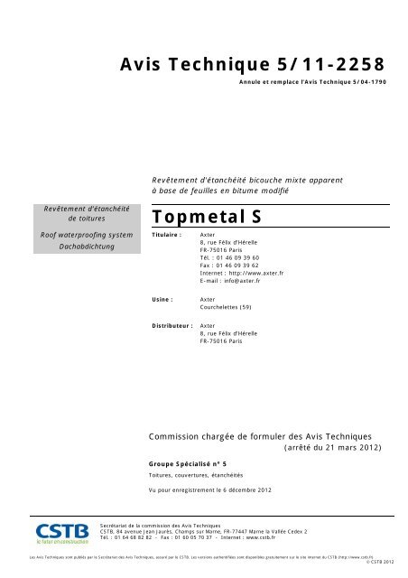Avis Technique 5/11-2258 Topmetal S - Axter