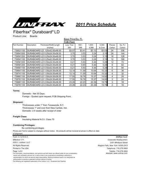 2011 Price Schedule Fiberfrax® Duraboard® LD - Unifrax