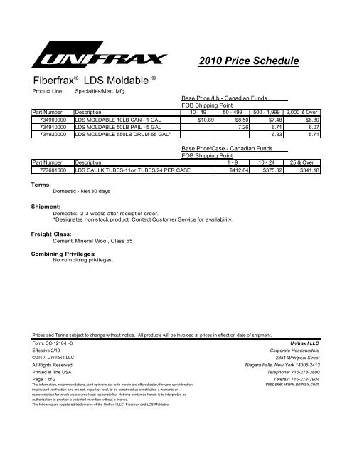 2010 Price Schedule Fiberfrax® LDS Moldable ® - Unifrax