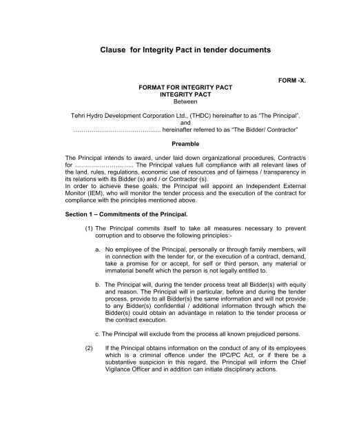 Clause for Integrity Pact in tender documents - THDC India LTD