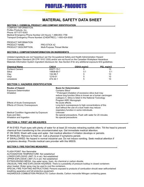 Material Safety Data Sheet - Proflex Products Inc.