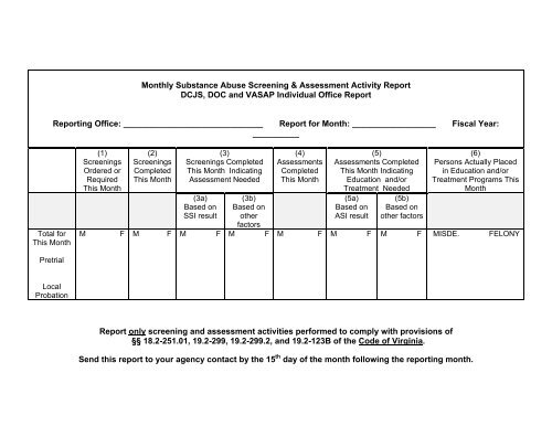 Monthly Substance Abuse Screening & Assessment Activity Report ...