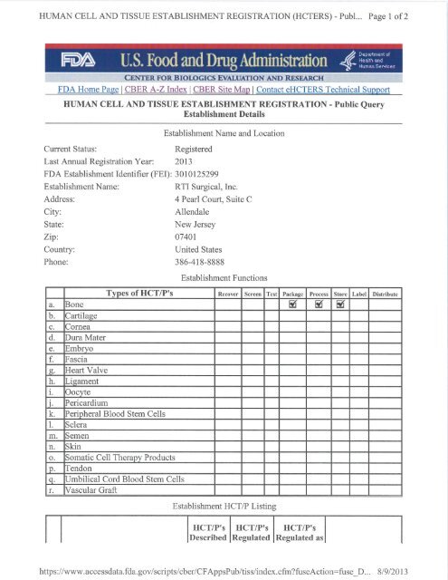 HUMAN CELL AND TISSUE ESTABLISHMENT REGISTRATION - RTI