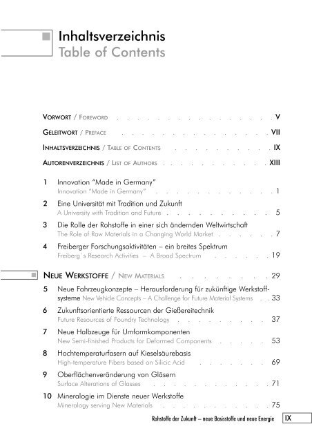 Inhaltsverzeichnis Table of Contents