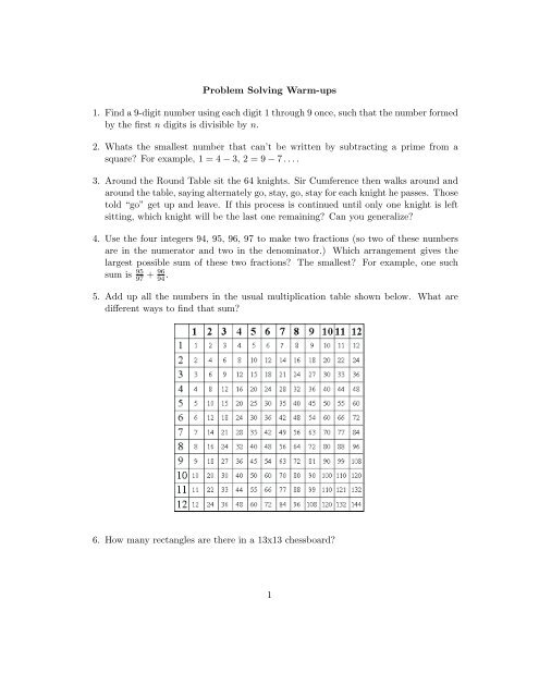 Problem Solving Warm-ups - Math Teachers' Circles