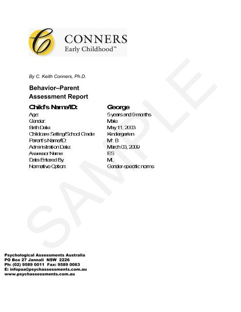 Conners EC Behavioural Parent Sample Assessment Report