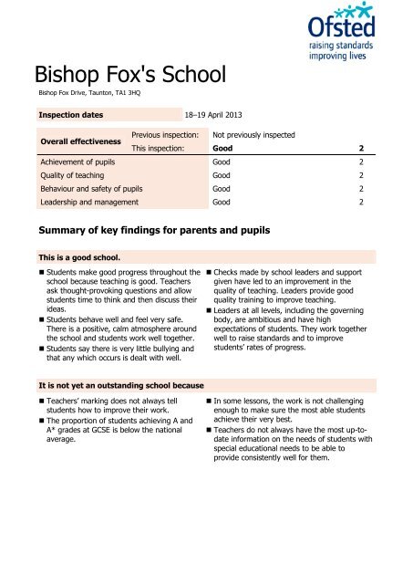 2013 OFSTED Inspection Report (pdf) - Bishop Fox's School