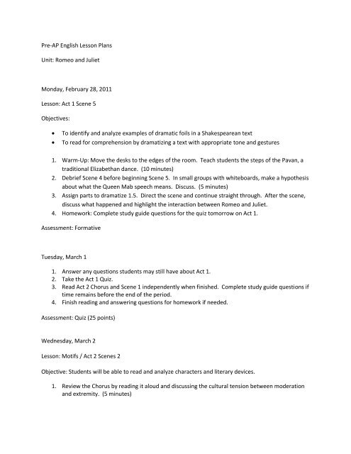 Pre-AP English Lesson Plans Unit: Romeo and Juliet Monday ...