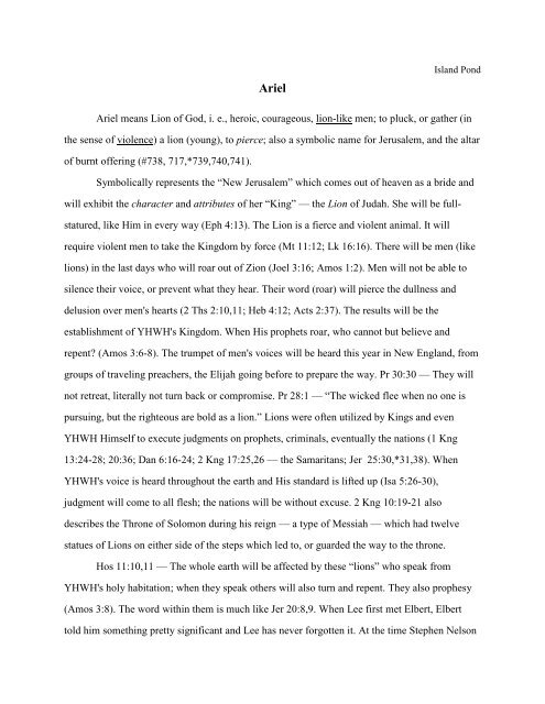 Ariel means Lion of God, i. e., heroic ... - Twelve Tribes Teachings