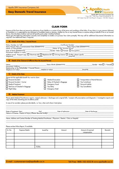 Easy Domestic Travel Insurance ClaIm Form - Health Insurance