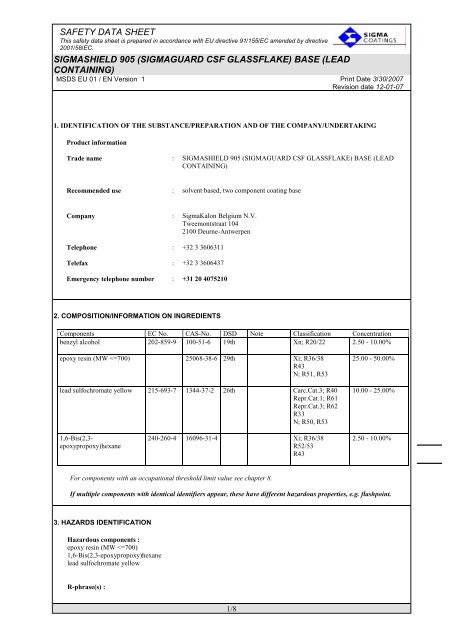 msds sigmashield 905 base - SIGMA PAINTS